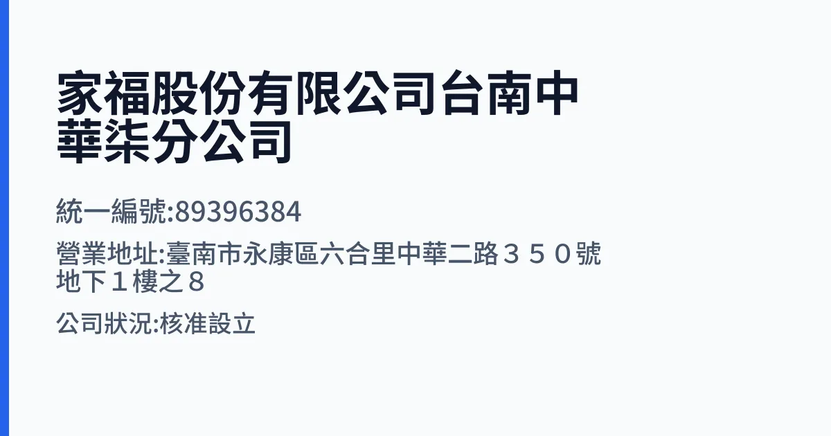 家福股份有限公司台南中華柒分公司 - 統編 89396384(臺南市) 公司登記資料與營業項目詳細圖表