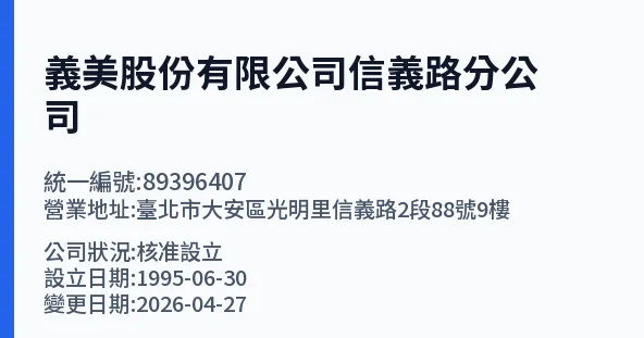義美股份有限公司信義路分公司的照片-統編 89396407(臺北市) 公司登記資料與營業項目詳細圖表
