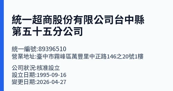 統一超商股份有限公司台中縣第五十五分公司的照片-統編 89396510(臺中市) 公司登記資料與營業項目詳細圖表