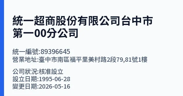 統一超商股份有限公司台中市第一00分公司的照片-統編 89396645(臺中市) 公司登記資料與營業項目詳細圖表