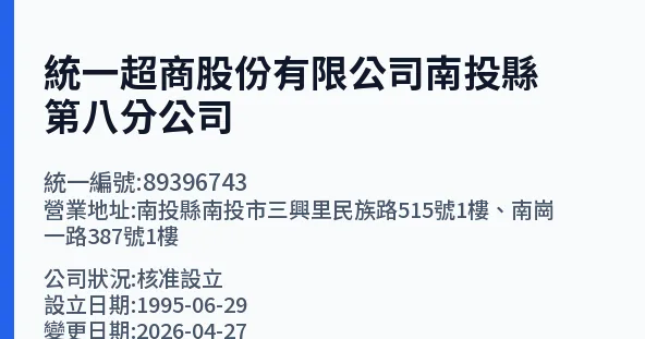 統一超商股份有限公司南投縣第八分公司的照片-統編 89396743(南投縣) 公司登記資料與營業項目詳細圖表