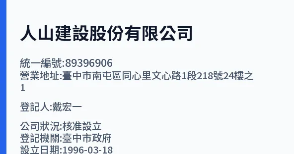 人山建設股份有限公司的照片-統編 89396906(臺中市) 公司登記資料與營業項目詳細圖表