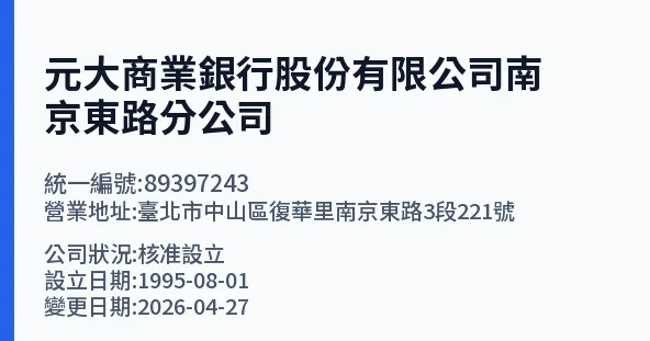 元大商業銀行股份有限公司南京東路分公司的照片-統編 89397243(臺北市) 公司登記資料與營業項目詳細圖表