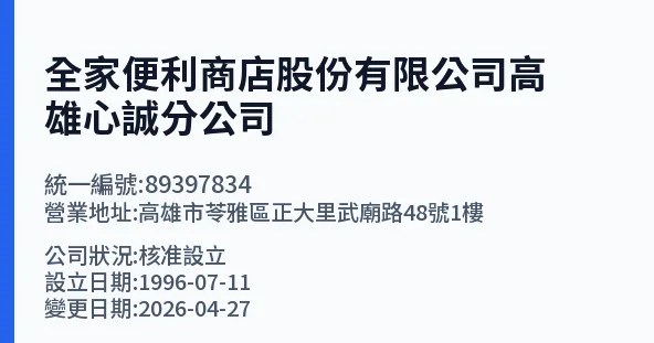 全家便利商店股份有限公司高雄心誠分公司的照片-統編 89397834(高雄市) 公司登記資料與營業項目詳細圖表