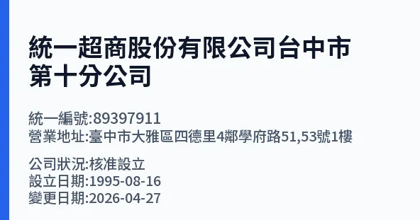 統一超商股份有限公司台中市第十分公司的照片-統編 89397911(臺中市) 公司登記資料與營業項目詳細圖表