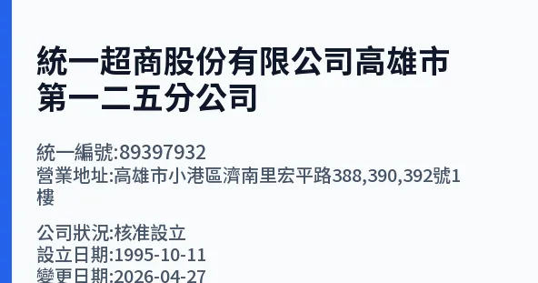 統一超商股份有限公司高雄市第一二五分公司的照片-統編 89397932(高雄市) 公司登記資料與營業項目詳細圖表