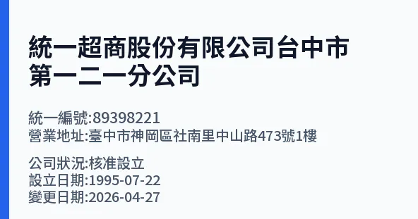 統一超商股份有限公司台中市第一二一分公司的照片-統編 89398221(臺中市) 公司登記資料與營業項目詳細圖表