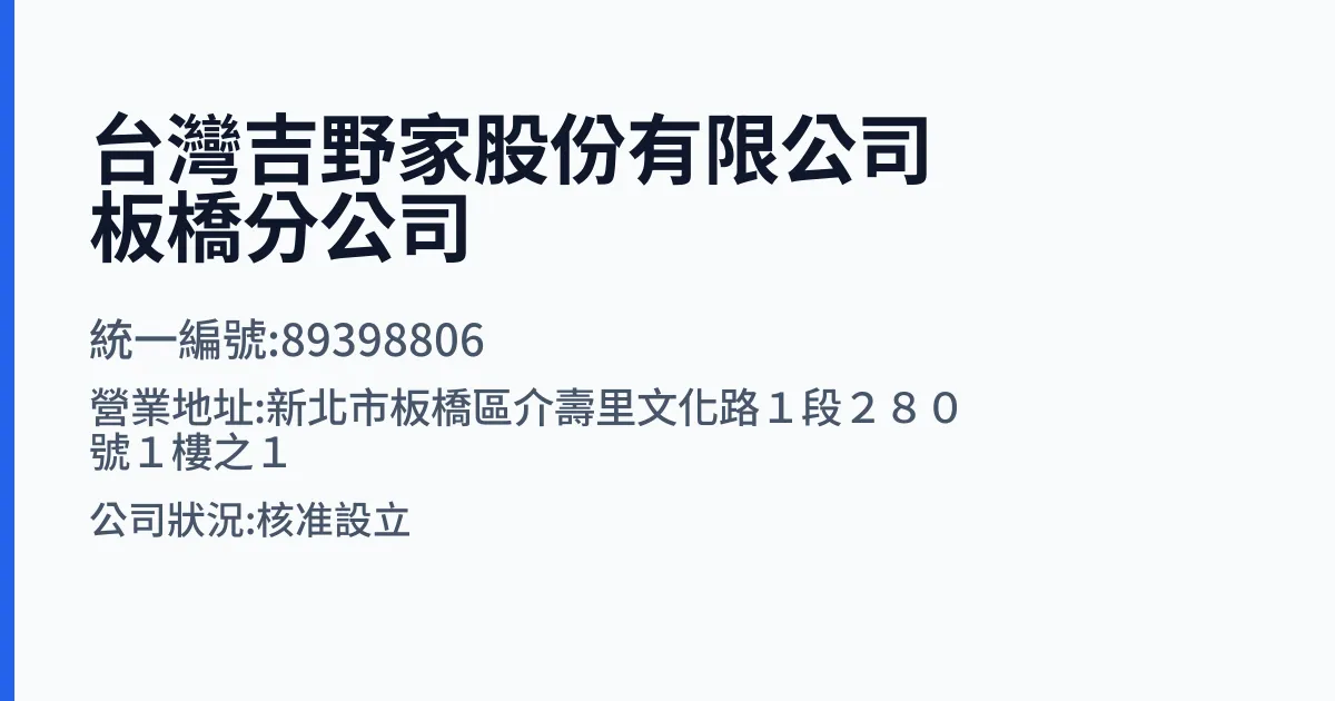 台灣吉野家股份有限公司板橋分公司 - 統編 89398806(新北市) 公司登記資料與營業項目詳細圖表