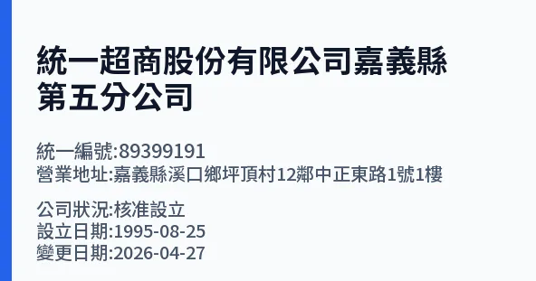 統一超商股份有限公司嘉義縣第五分公司的照片-統編 89399191(嘉義縣) 公司登記資料與營業項目詳細圖表