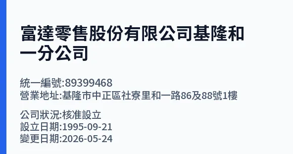 富達零售股份有限公司基隆和一分公司的照片-統編 89399468(基隆市) 公司登記資料與營業項目詳細圖表