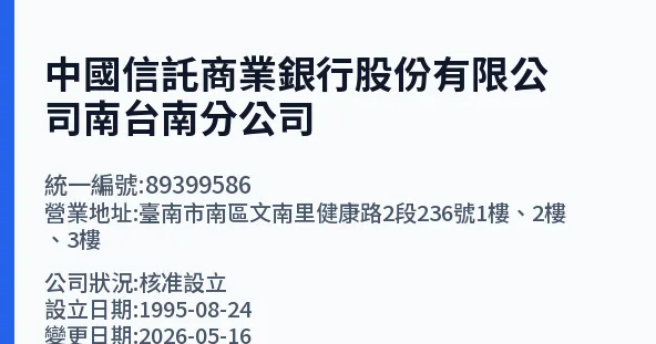 中國信託商業銀行股份有限公司南台南分公司的照片-統編 89399586(臺南市) 公司登記資料與營業項目詳細圖表