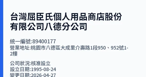 台灣屈臣氏個人用品商店股份有限公司八德分公司的照片-統編 89400177(桃園市) 公司登記資料與營業項目詳細圖表