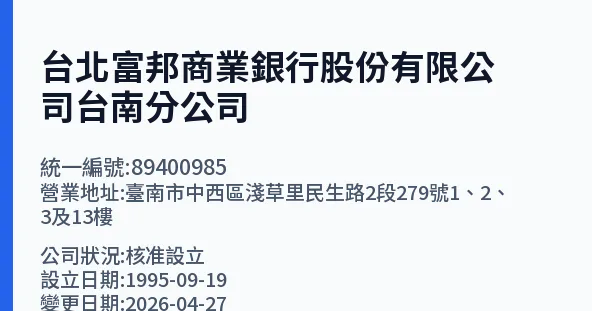 台北富邦商業銀行股份有限公司台南分公司的照片-統編 89400985(臺南市) 公司登記資料與營業項目詳細圖表