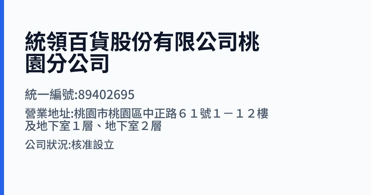 統領百貨股份有限公司桃園分公司 - 統編 89402695(桃園市) 公司登記資料與營業項目詳細圖表