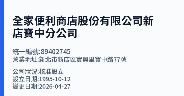 全家便利商店股份有限公司新店寶中分公司的照片-統編 89402745(新北市) 公司登記資料與營業項目詳細圖表