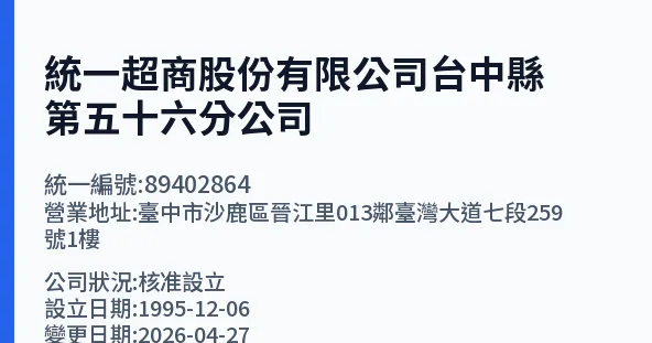 統一超商股份有限公司台中縣第五十六分公司的照片-統編 89402864(臺中市) 公司登記資料與營業項目詳細圖表