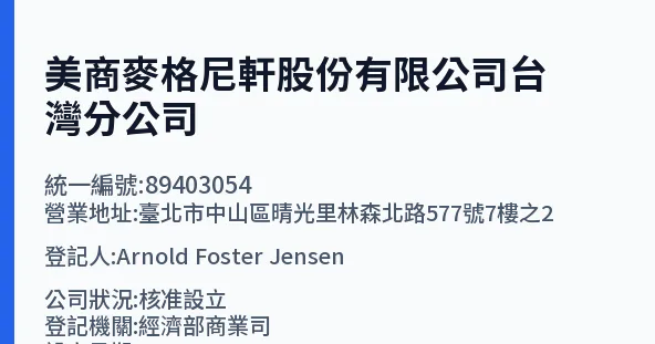 美商麥格尼軒股份有限公司台灣分公司的照片-統編 89403054(臺北市) 公司登記資料與營業項目詳細圖表