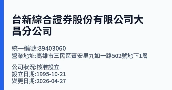 台新綜合證券股份有限公司大昌分公司的照片-統編 89403060(高雄市) 公司登記資料與營業項目詳細圖表