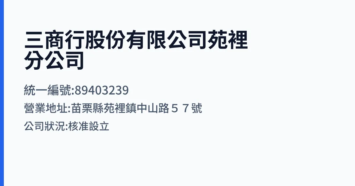 三商行股份有限公司苑裡分公司 - 統編 89403239(苗栗縣) 公司登記資料與營業項目詳細圖表