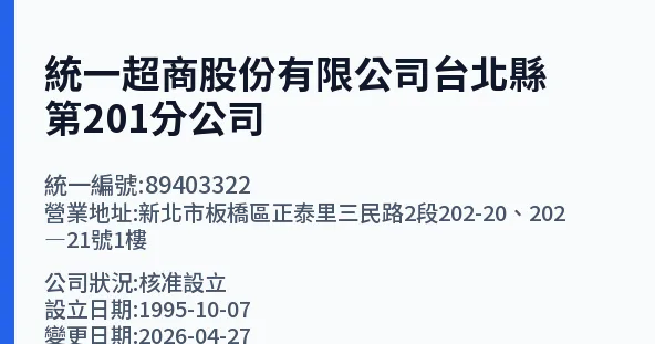 統一超商股份有限公司台北縣第201分公司的照片-統編 89403322(新北市) 公司登記資料與營業項目詳細圖表