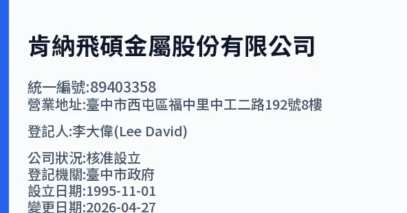 肯納飛碩金屬股份有限公司的照片-統編 89403358(臺中市) 公司登記資料與營業項目詳細圖表