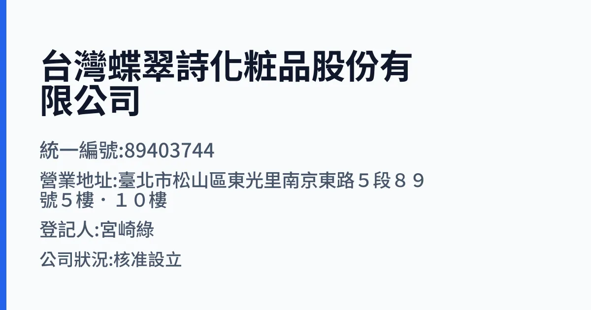 台灣蝶翠詩化粧品股份有限公司 - 統編 89403744(臺北市) 公司登記資料與營業項目詳細圖表