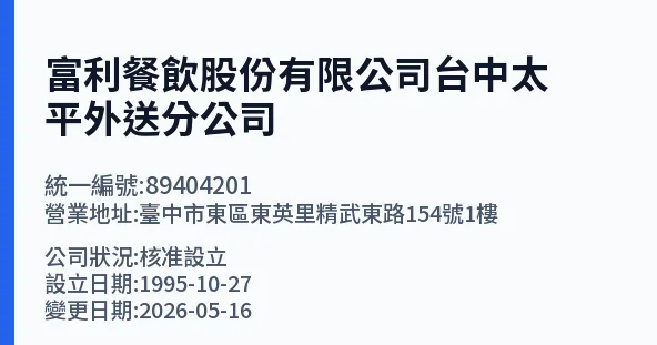 富利餐飲股份有限公司台中太平外送分公司的照片-統編 89404201(臺中市) 公司登記資料與營業項目詳細圖表