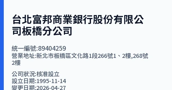 台北富邦商業銀行股份有限公司板橋分公司的照片-統編 89404259(新北市) 公司登記資料與營業項目詳細圖表