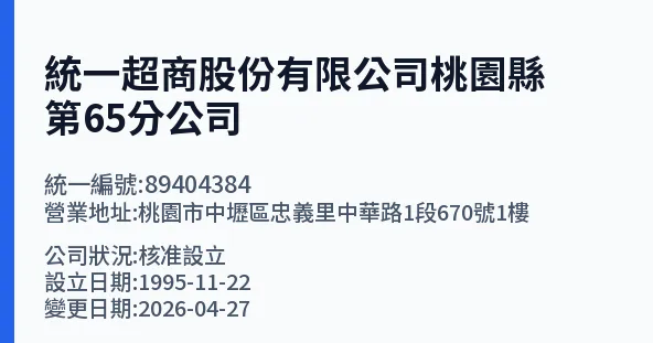 統一超商股份有限公司桃園縣第65分公司的照片-統編 89404384(桃園市) 公司登記資料與營業項目詳細圖表