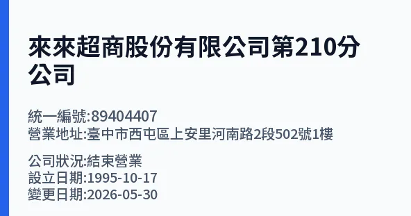 來來超商股份有限公司第210分公司的照片-統編 89404407(臺中市) 公司登記資料與營業項目詳細圖表