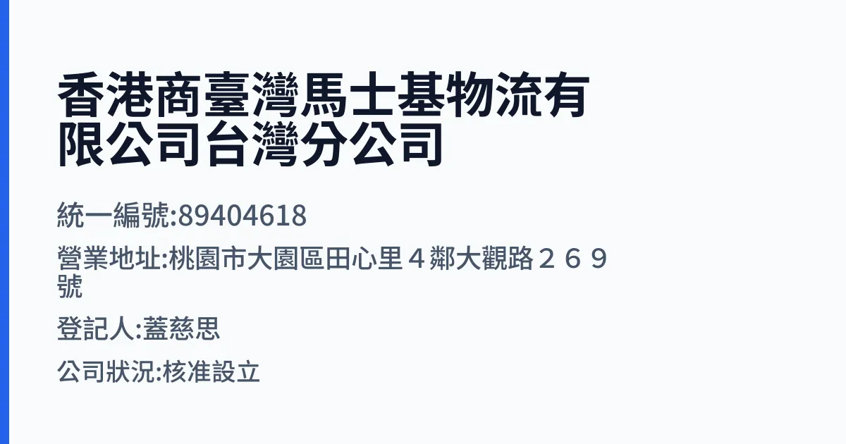香港商臺灣馬士基物流有限公司台灣分公司 - 統編 89404618(桃園市) 公司登記資料與營業項目詳細圖表