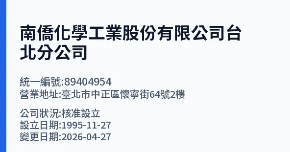 南僑化學工業股份有限公司台北分公司的照片-統編 89404954(臺北市) 公司登記資料與營業項目詳細圖表