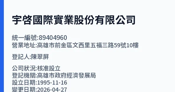 宇啓國際實業股份有限公司的照片-統編 89404960(高雄市) 公司登記資料與營業項目詳細圖表