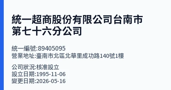 統一超商股份有限公司台南市第七十六分公司的照片-統編 89405095(臺南市) 公司登記資料與營業項目詳細圖表
