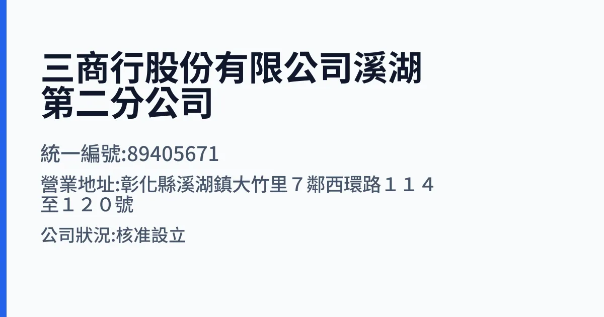 三商行股份有限公司溪湖第二分公司 - 統編 89405671(彰化縣) 公司登記資料與營業項目詳細圖表