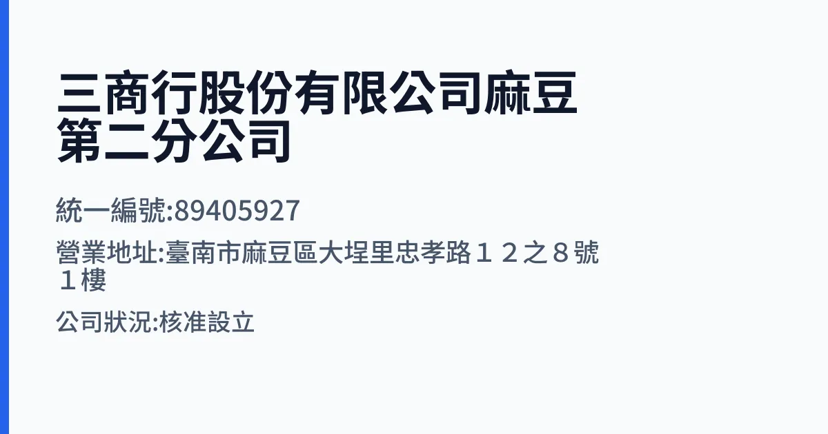 三商行股份有限公司麻豆第二分公司 - 統編 89405927(臺南市) 公司登記資料與營業項目詳細圖表