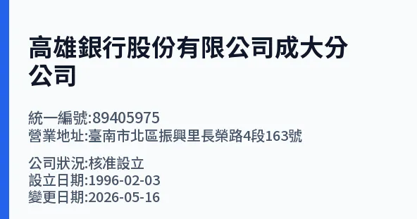 高雄銀行股份有限公司成大分公司的照片-統編 89405975(臺南市) 公司登記資料與營業項目詳細圖表