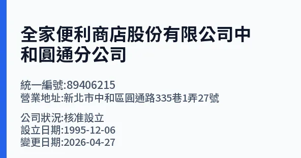 全家便利商店股份有限公司中和圓通分公司的照片-統編 89406215(新北市) 公司登記資料與營業項目詳細圖表