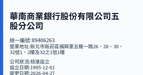 華南商業銀行股份有限公司五股分公司的照片-統編 89406263(新北市) 公司登記資料與營業項目詳細圖表