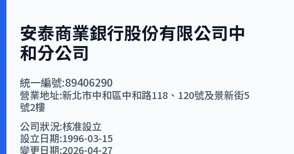 安泰商業銀行股份有限公司中和分公司的照片-統編 89406290(新北市) 公司登記資料與營業項目詳細圖表