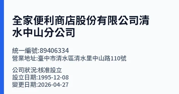 全家便利商店股份有限公司清水中山分公司的照片-統編 89406334(臺中市) 公司登記資料與營業項目詳細圖表