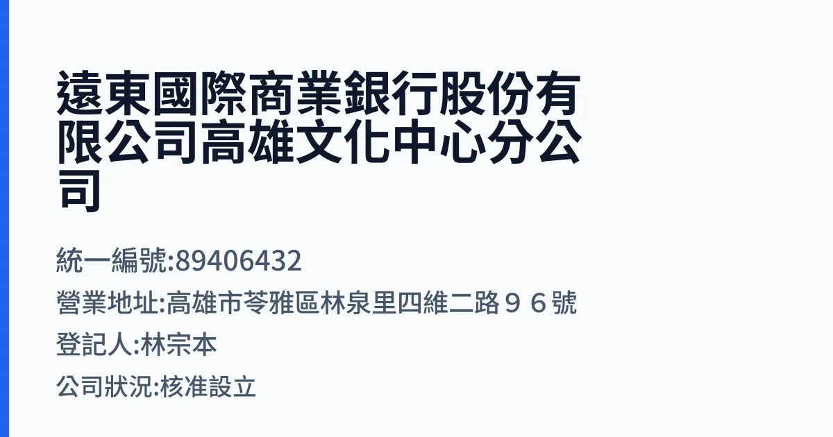 遠東國際商業銀行股份有限公司高雄文化中心分公司 - 統編 89406432(高雄市) 公司登記資料與營業項目詳細圖表