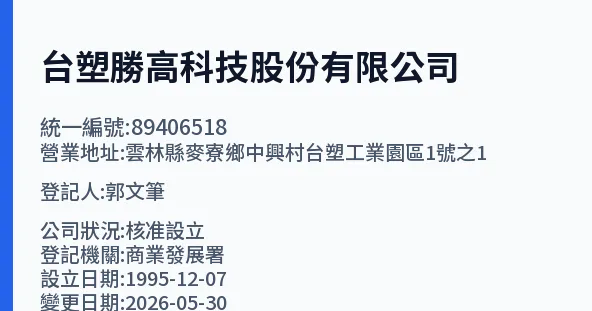 台塑勝高科技股份有限公司的照片-統編 89406518(雲林縣) 公司登記資料與營業項目詳細圖表