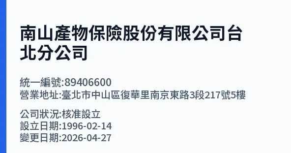 南山產物保險股份有限公司台北分公司的照片-統編 89406600(臺北市) 公司登記資料與營業項目詳細圖表