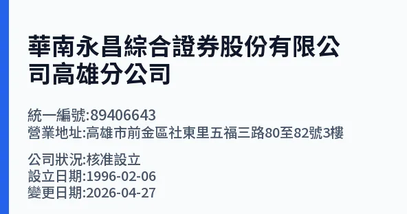 華南永昌綜合證券股份有限公司高雄分公司的照片-統編 89406643(高雄市) 公司登記資料與營業項目詳細圖表