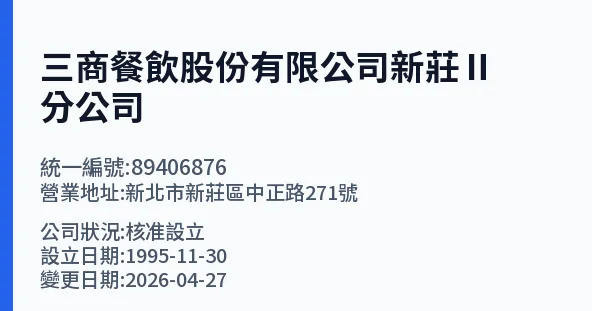 三商餐飲股份有限公司新莊Ⅱ分公司的照片-統編 89406876(新北市) 公司登記資料與營業項目詳細圖表