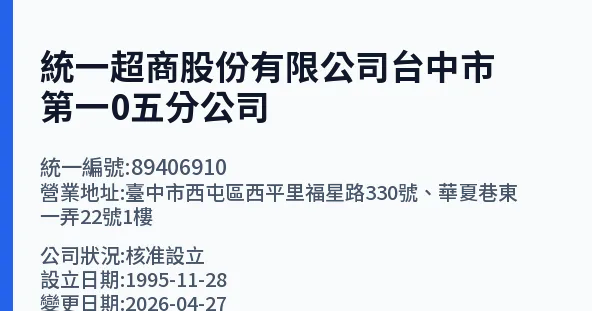 統一超商股份有限公司台中市第一0五分公司的照片-統編 89406910(臺中市) 公司登記資料與營業項目詳細圖表