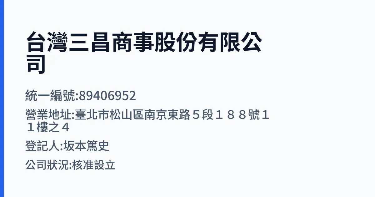 台灣三昌商事股份有限公司 - 統編 89406952(臺北市) 公司登記資料與營業項目詳細圖表
