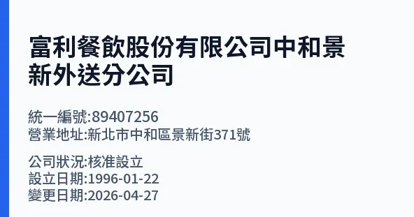 富利餐飲股份有限公司中和景新外送分公司的照片-統編 89407256(新北市) 公司登記資料與營業項目詳細圖表