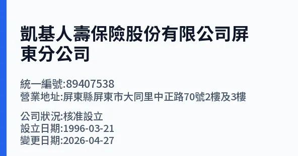 凱基人壽保險股份有限公司屏東分公司的照片-統編 89407538(屏東縣) 公司登記資料與營業項目詳細圖表
